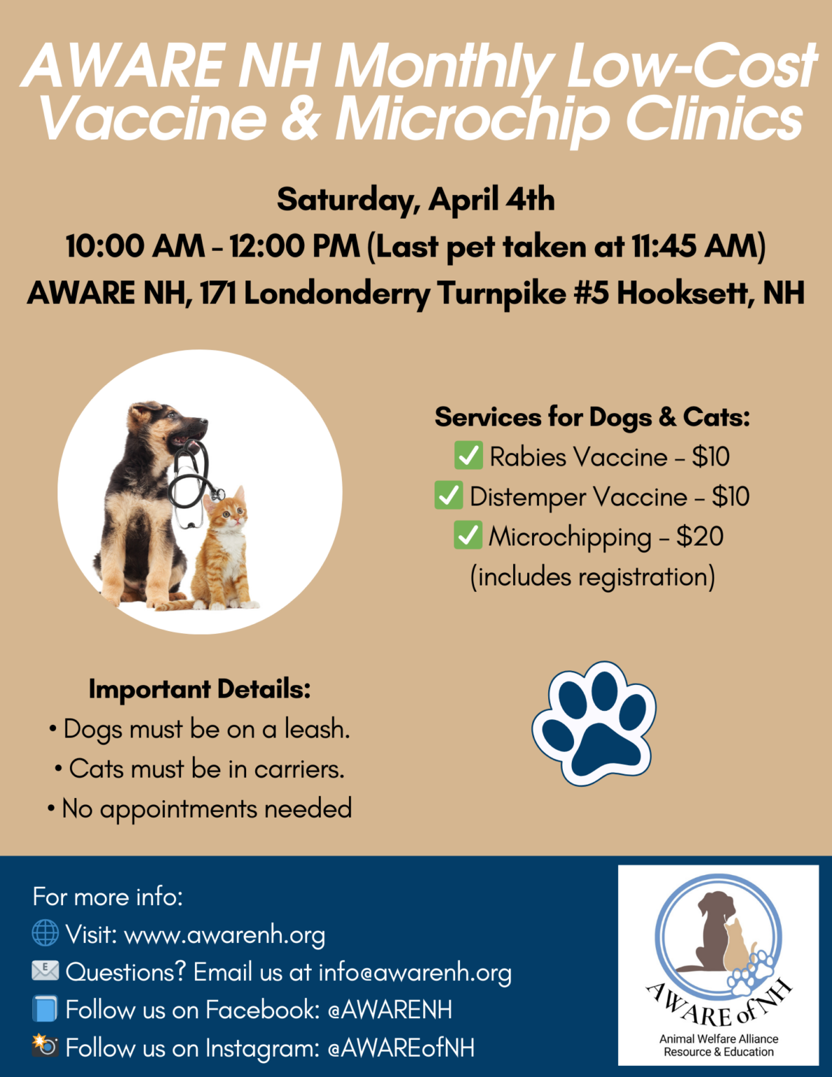 Low-Cost Vaccine & Microchip Clinics at AWARE NH - AWARE of NH